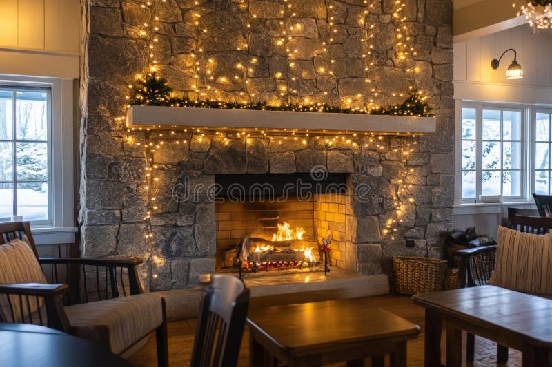 Cozy Rustic Fireplace with Festive String Lights in a Snowy Cabin ...