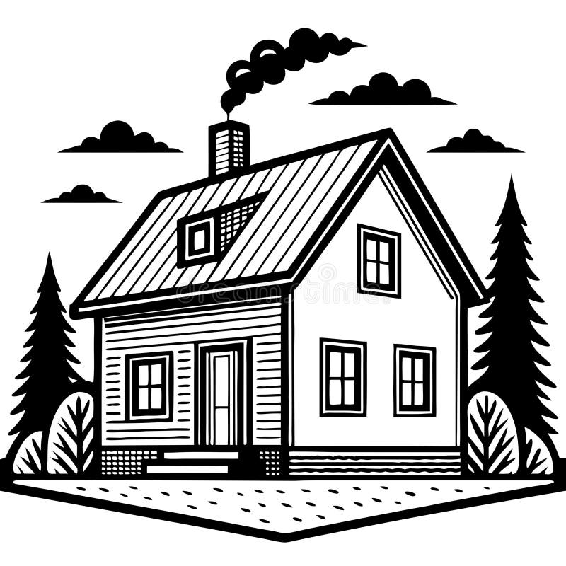 Cozy Rustic House Surrounded by Trees and Clouds Ideal for Home Decor ...