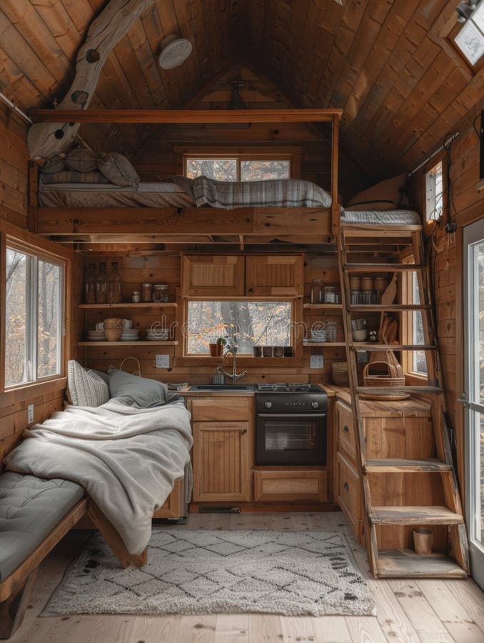 Cozy Rustic Interior of a Tiny House Cabin with Loft and Natural Wooden Decor Stock Image ...