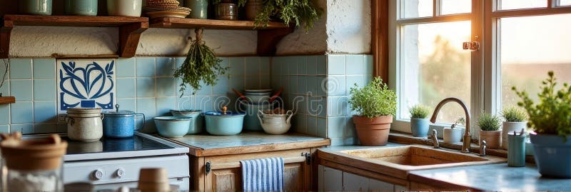 Cozy Rustic Kitchen with Blue Tiles and Sunlit Herb Pots at Sunrise ...