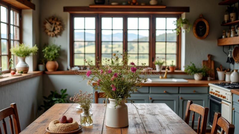 Cozy Rustic Kitchen with Floral Centerpiece and Scenic Views Stock ...