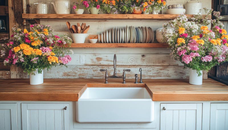 Cozy Rustic Kitchen with Flowers Showing Interior Design Trends Stock ...
