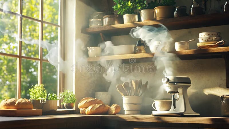 Cozy Rustic Kitchen with Fresh Bread, Steaming Coffee, and Sunlight ...