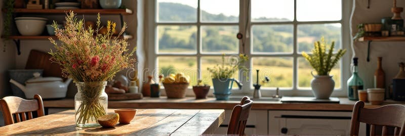 Cozy Rustic Kitchen Interior with Sunlit Windows and Countryside View ...