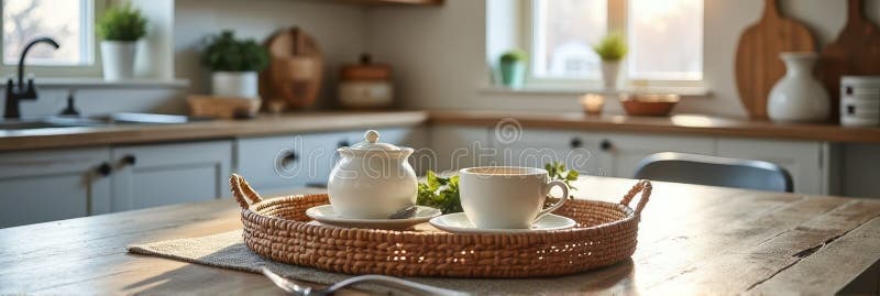 Cozy Rustic Kitchen Table Setting with Teacup and Teapot on Woven Tray ...