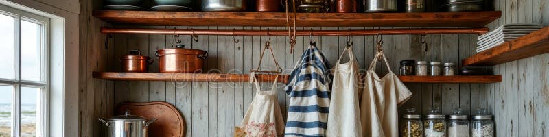 Cozy Rustic Kitchen with Wooden Shelves and Copper Pots by Sunny Window ...