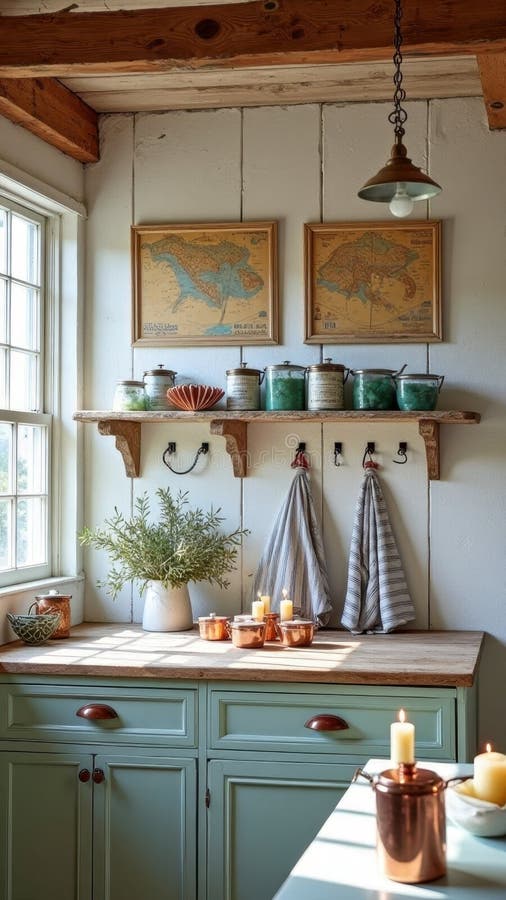 Cozy Rustic Kitchen with Wooden Shelves and Vintage Decor Stock Image ...