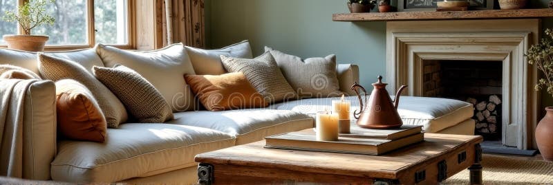 Cozy Rustic Living Room with Earthy Tones and Natural Light Stock Photo ...