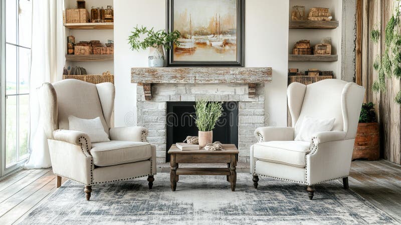 Cozy Rustic Living Room Interior with Wingback Chairs Decor Stock ...