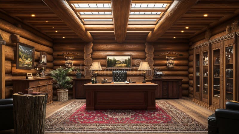 Cozy Rustic Office Cabin with a Vintage Desk and Carpet Stock Photo ...