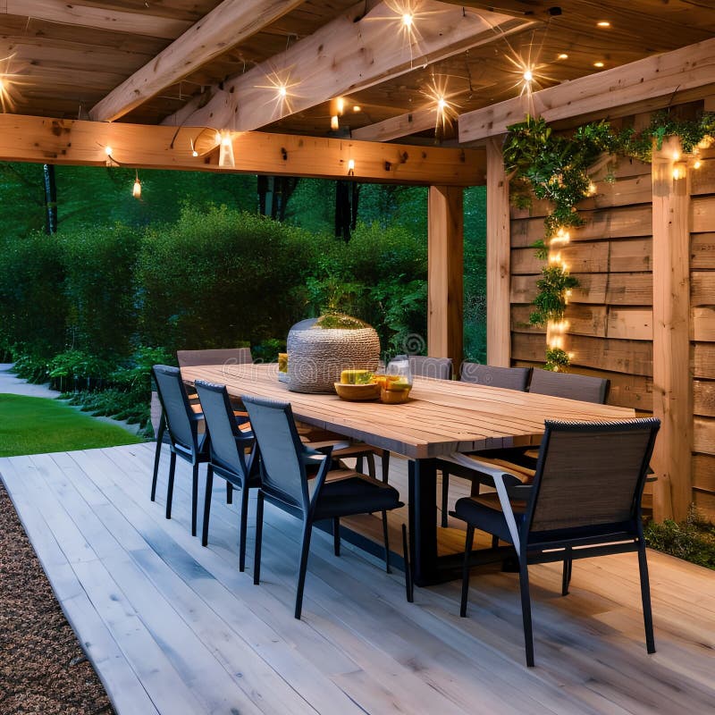 A Cozy and Rustic Outdoor Dining Area with String Lights, a Wooden ...
