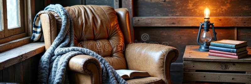 Cozy Rustic Reading Nook with Leather Chair, Blanket, and Lantern Light ...