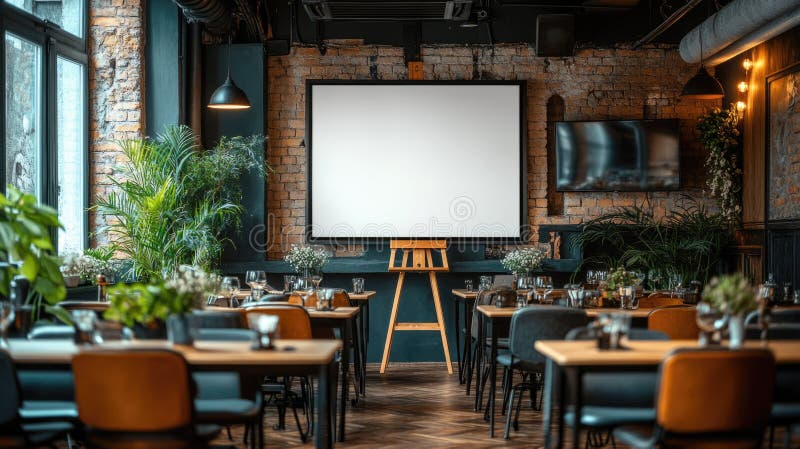 Cozy Rustic Restaurant Interior with Projector Screen and Greenery ...