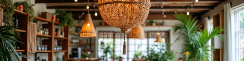 Cozy Rustic Restaurant Interior with Woven Light Fixtures and Lush Greenery Stock Photo - Image ...