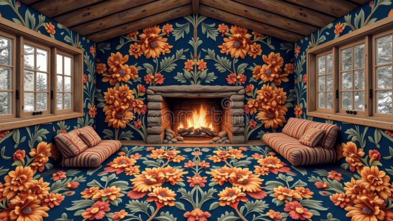 Cozy Rustic Room with Floral Wallpaper and Stone Fireplace in Winter ...