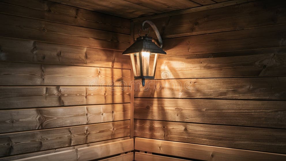 Cozy Rustic Sauna Interior with Warm Lantern Light Stock Illustration ...