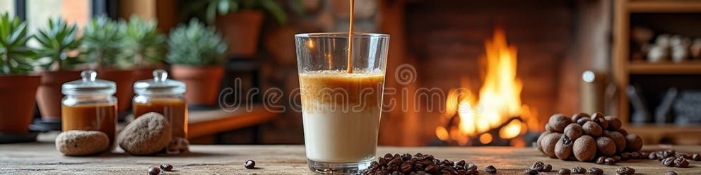 Cozy Rustic Scene with Iced Coffee, Fireplace, and Rustic Decor Stock ...