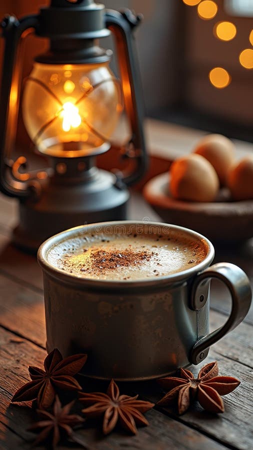 Cozy Rustic Scene with a Mug of Spiced Coffee and Lantern Glow on ...