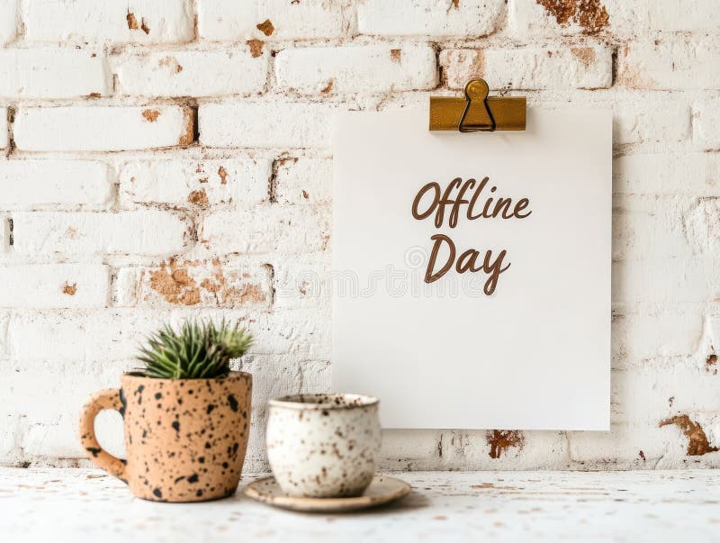 "Offline Day" Note with Plant and Cups Stock Photo - Image of ceramic ...