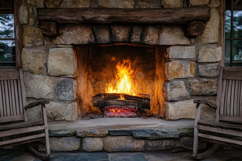 Cozy Rustic Stone Fireplace with a Warm Fire and Soft Dancing Flames in ...
