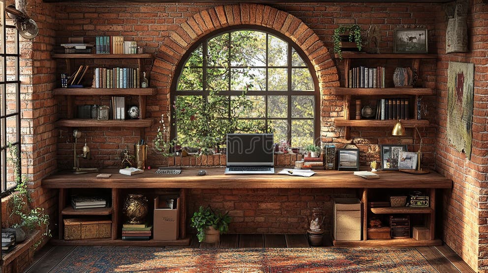 Cozy, Rustic Study Nook with Large Arched Window Stock Illustration ...