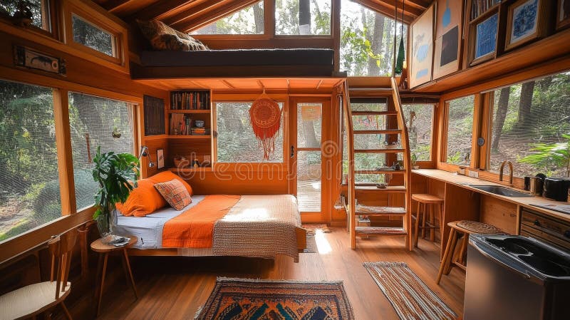 Cozy Rustic Tiny Home Interior with Loft Bedroom, Natural Light, and Surrounding Forest Views ...
