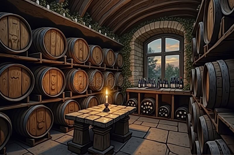 Cozy Rustic Wine Cellar with Wooden Barrels and Candlelight at Sunset ...