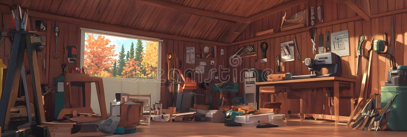 Cozy Rustic Workshop Interior Stock Illustration - Illustration of drill, welllit: 340750897