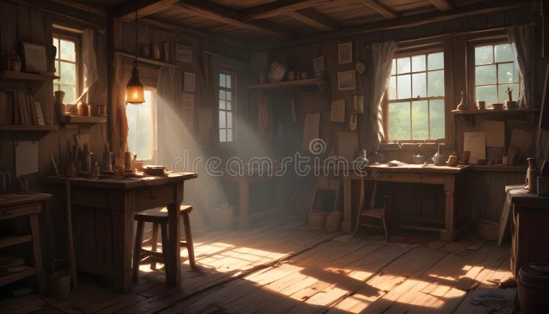 A Cozy, Rustic Workshop Interior with Wooden Furniture, Tools, and ...