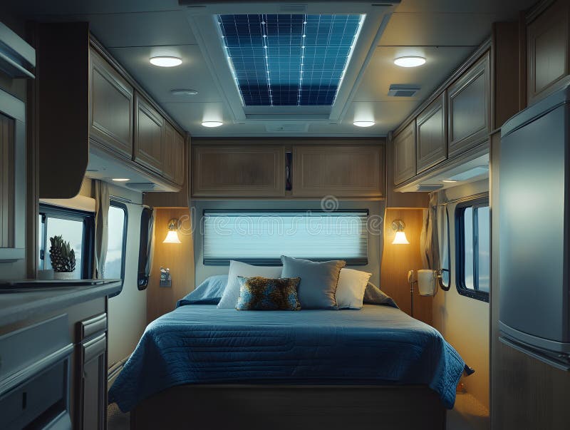 Cozy RV Interior Night Scene with Solar Panel Royalty Free Image Stock ...