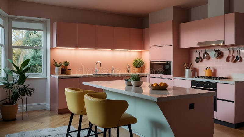 A Cozy 80s-style Kitchen with Warm Pastel Tones and Modern LED Accents ...