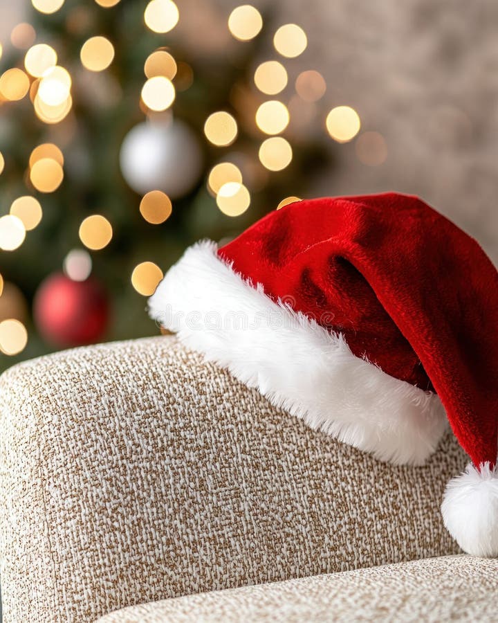 Cozy Santa Hat on Sofa with Blurred Christmas Tree and Lights in ...