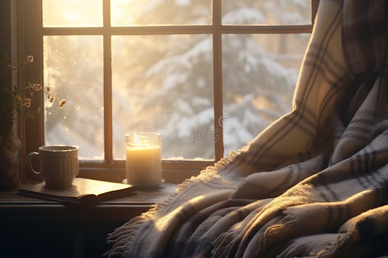A Cozy Scene with a Blanket Draped Over a Window Sill Stock Photo ...