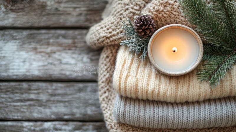 Cozy Scene with Candle, Sweaters, and Pinecones on Wood. Stock Image ...