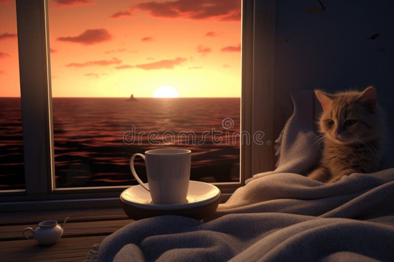 Cozy Scene with a Cat and Coffee Cup Stock Image - Image of domestic ...