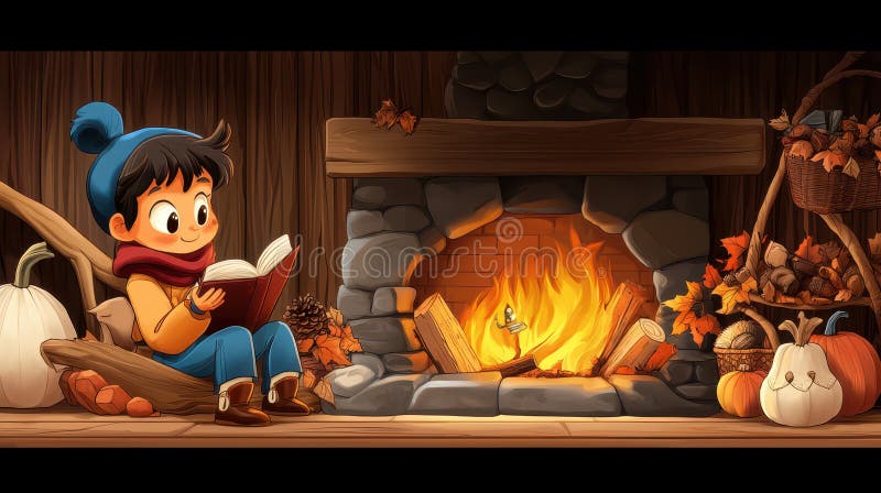 Cozy Scene of Child Reading by Warm Fireplace, Surrounded by Autumn ...
