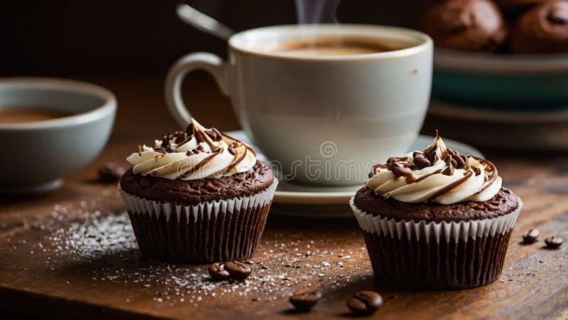 A Cozy Scene Featuring Chocolate Cupcakes beside a Steaming Cup of ...
