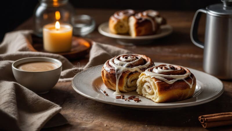 A Cozy Scene Featuring Cinnamon Rolls, Coffee, and a Candle on a Rustic ...
