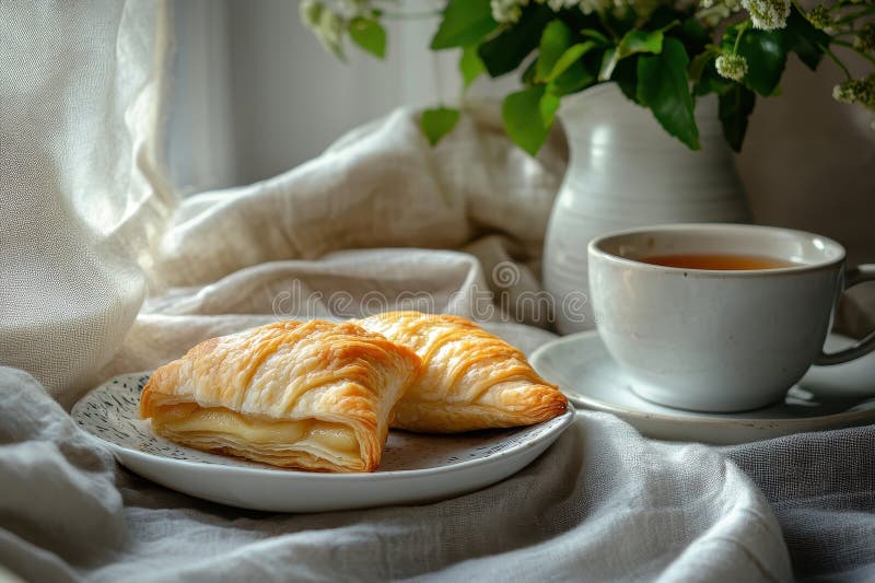 A Cozy Scene Featuring Croissants on a Plate beside a Cup of Tea and a ...
