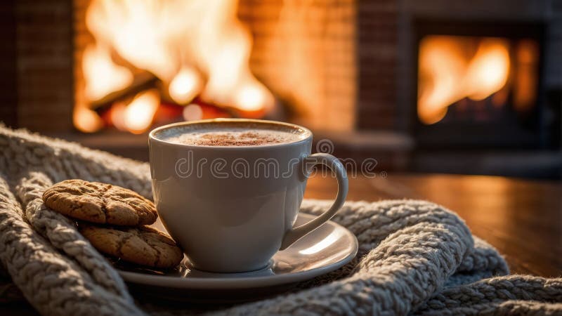 A Cozy Scene Featuring a Cup of Coffee and Cookies by a Warm Fireplace ...