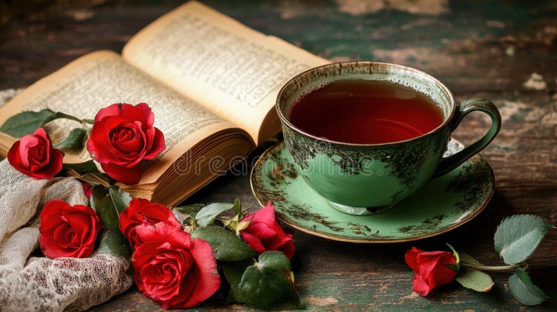 A Cozy Scene Featuring a Cup of Tea beside an Open Book on a Table ...