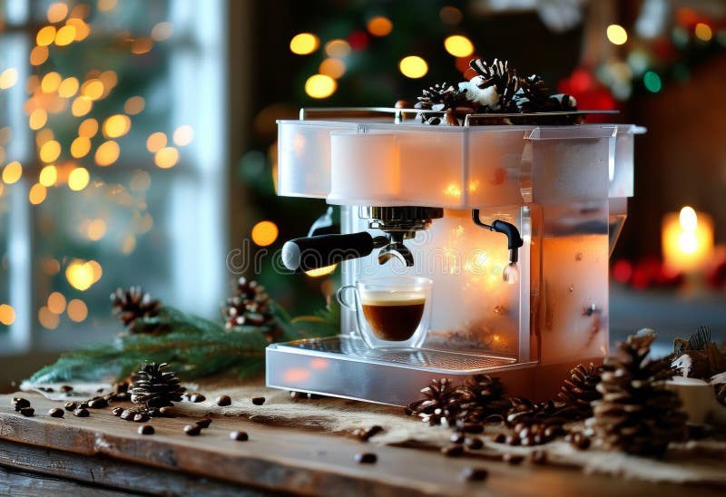 Festive Espresso Machine with Christmas Decorations and Lights Stock ...