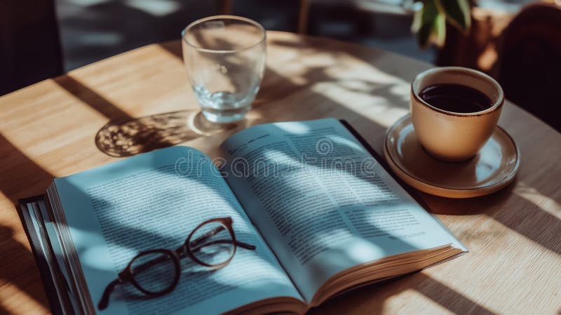 A Cozy Scene Featuring an Open Book and a Steaming Cup of Coffee Resting on a Rustic Wooden ...