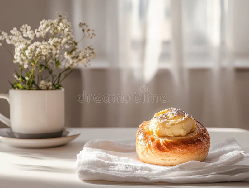 A Cozy Scene Featuring a Pastry and a Flower Arrangement in a Cup Stock ...