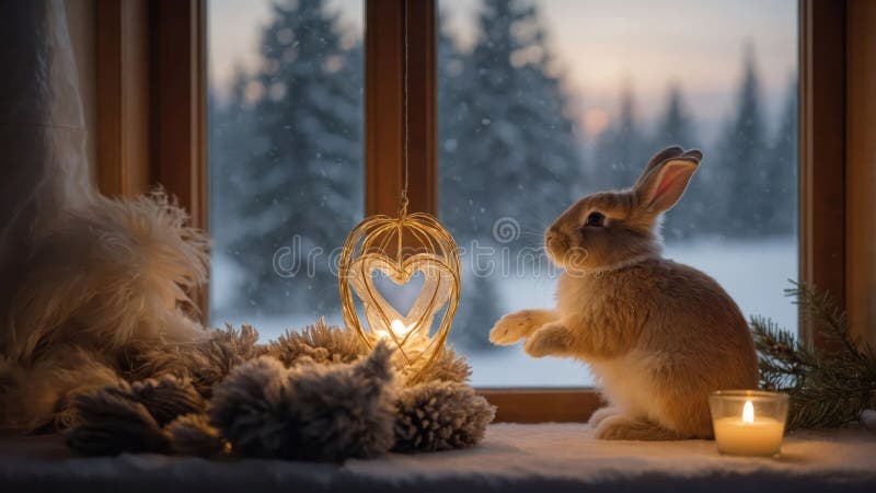Adorable Bunny by Cozy Winter Window with Candles Stock Illustration ...