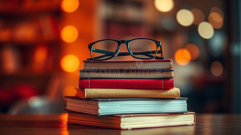 Stack of Books with Glasses on Top, Warm Lighting in the Background ...