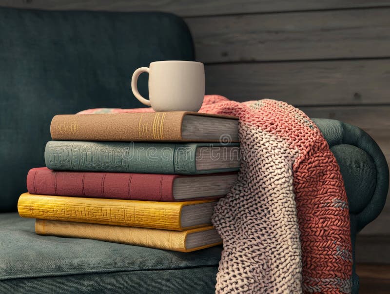 Cozy Setup with Books and Coffee Cup on Sofa Stock Illustration ...