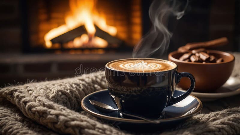 A Cozy Scene Featuring a Steaming Cup of Coffee by a Fireplace, Evoking ...