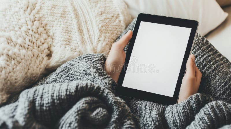 Cozy Tablet on Bed with White Screen Mockup Stock Illustration ...