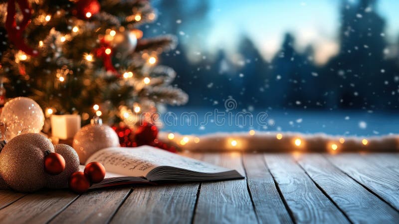 Cozy Scene with Festive Tree and Snow Falling Outside, Creating Warmth ...